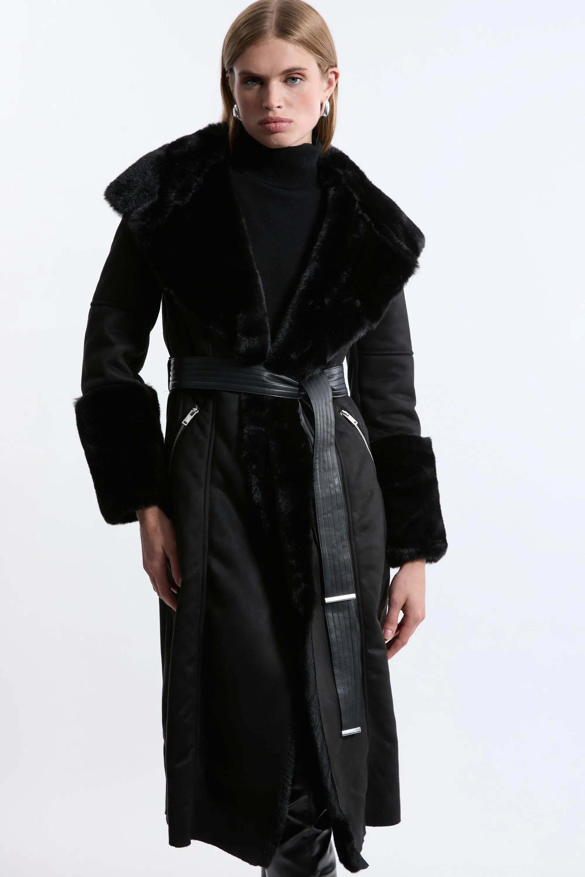 Pockets For Women - Petite Faux Shearling Collar & Cuff Belted Long ...